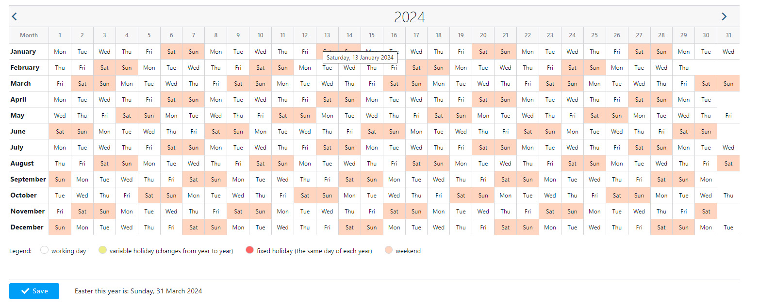 Multiple corporate calendars for flexible workers - Twproject